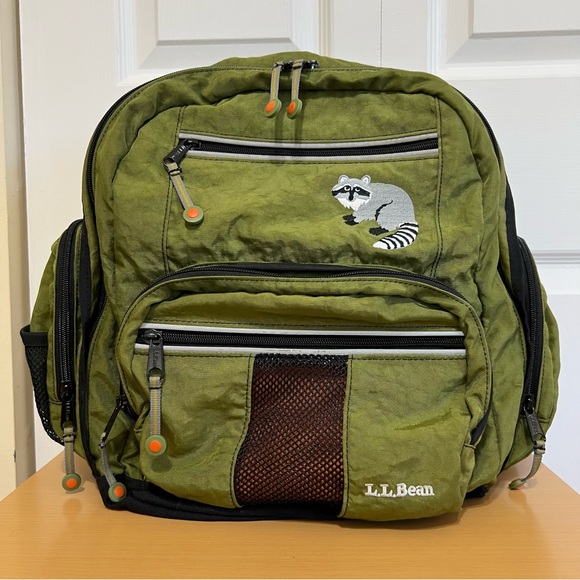 L.L. Bean | Bags | Ll Bean Green Nylon Backpack Raccoon Embroidery ...